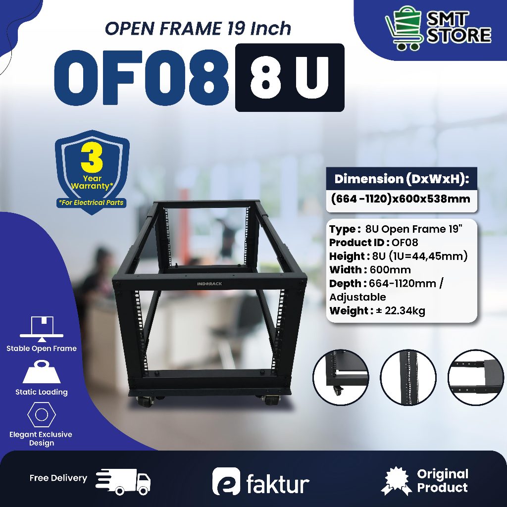 Jual INDORACK Open Frame 8U Adjustable OF08 Depth 666 - 1120mm Rack 19 ...
