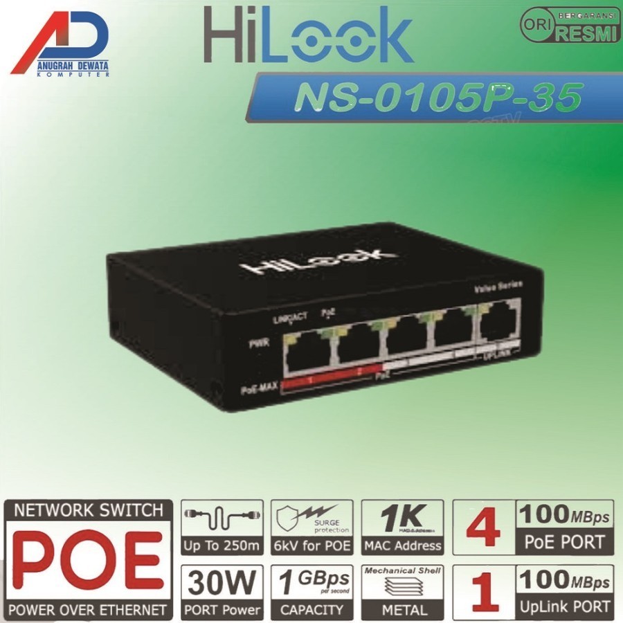 Jual SWITCH HUB POE HILOOK 4PORT + 1UPLINK NS-0105P-35(B) | Shopee Indonesia