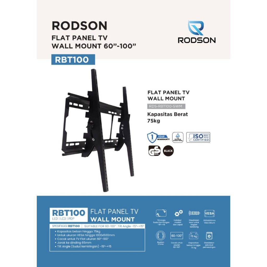 Jual Rodson Bracket TV Monitor LED LCD PDP RBT100 60"-100" Inch Wall ...