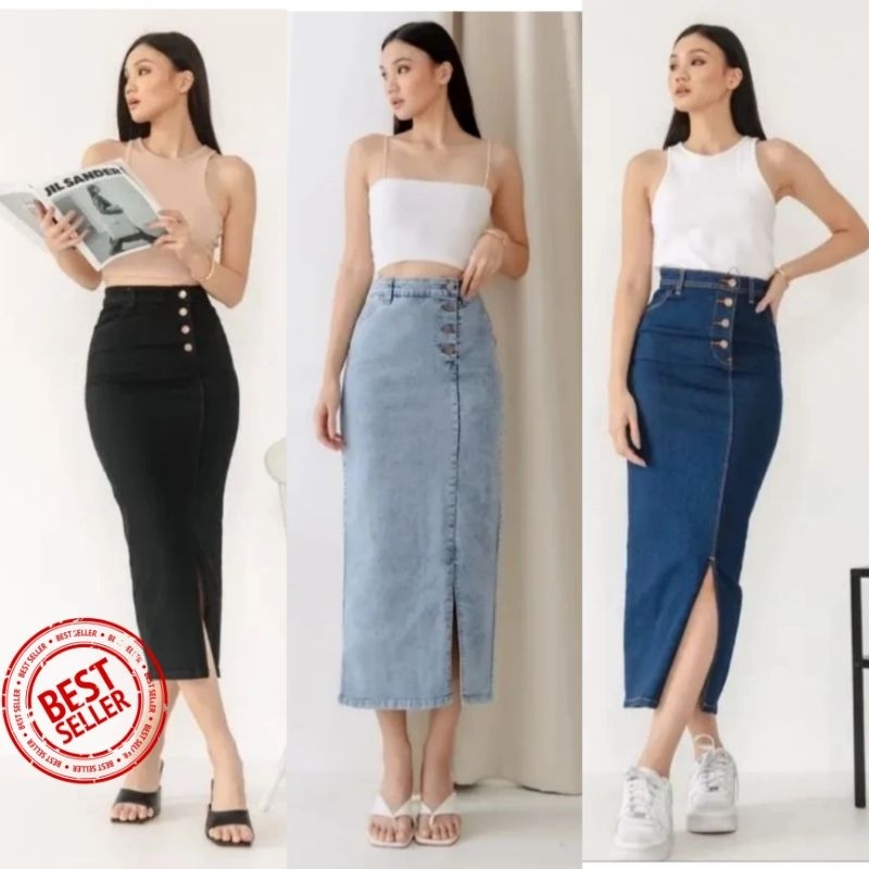 Jual Rok Jeans Panjang Wanita Jumbo / Rok Jeans Span Wanita Kancing 5 ...