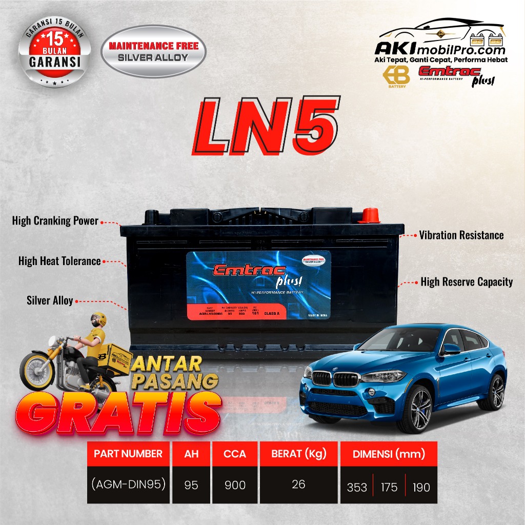 Jual EMTRAC PLUS MF LN5 AGM DIN95 (95Ah) | Aki Mobil BMW 530i BMW 528i BMW X5 BMW X6 | Mercedes ...