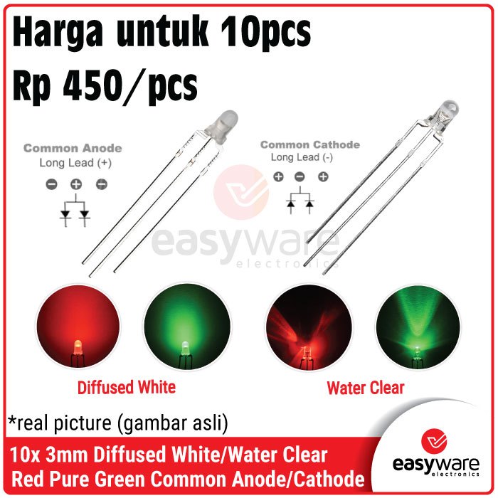 Jual 10x LED 3mm Bicolor Green Red Common Cathode Anode Clear Diffused ...