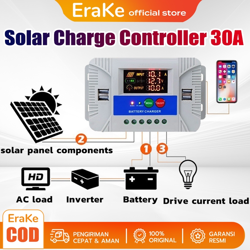 Jual Solar Charge Controller 30A Cell PWM Pengisi Daya Surya 12V 24V pengenalan otomatis 4 USB ...