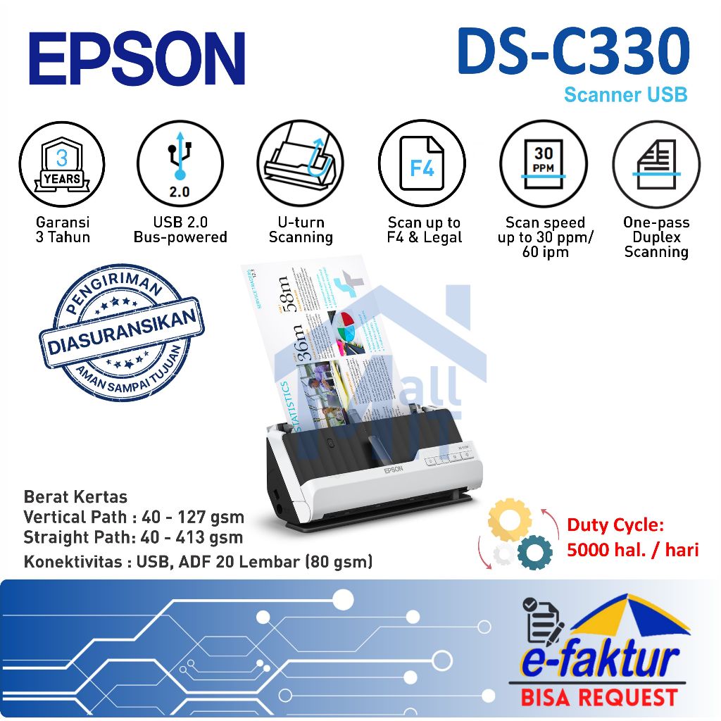 Jual MALLIT EPSON Scanner Epson DS-C330 DSC330 C330 PORTABLE ADF Pengganti DS-310 DS310 Garansi ...