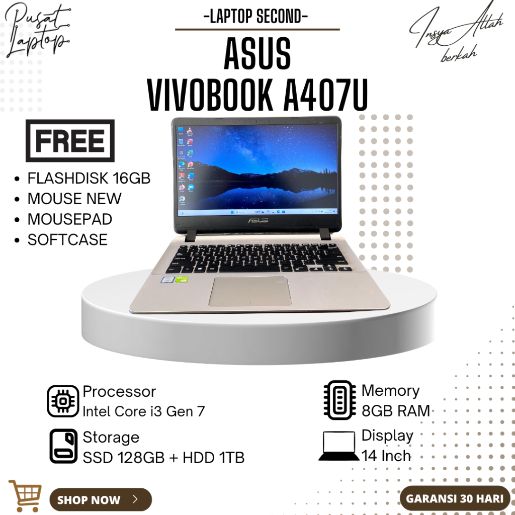 Jual LAPTOP ASUS VIVOBOOK A407U SECOND | INTEL CORE I3 GEN 7 | RAM 8GB ...