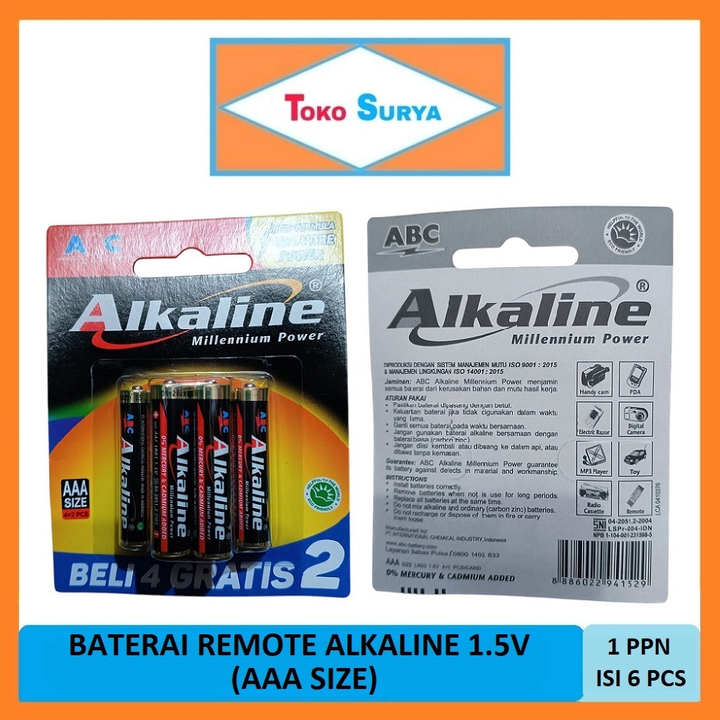 Jual Baterai Alkaline Baterai Remote Size AAA 6 Pcs x 1.5 Volt | Shopee ...