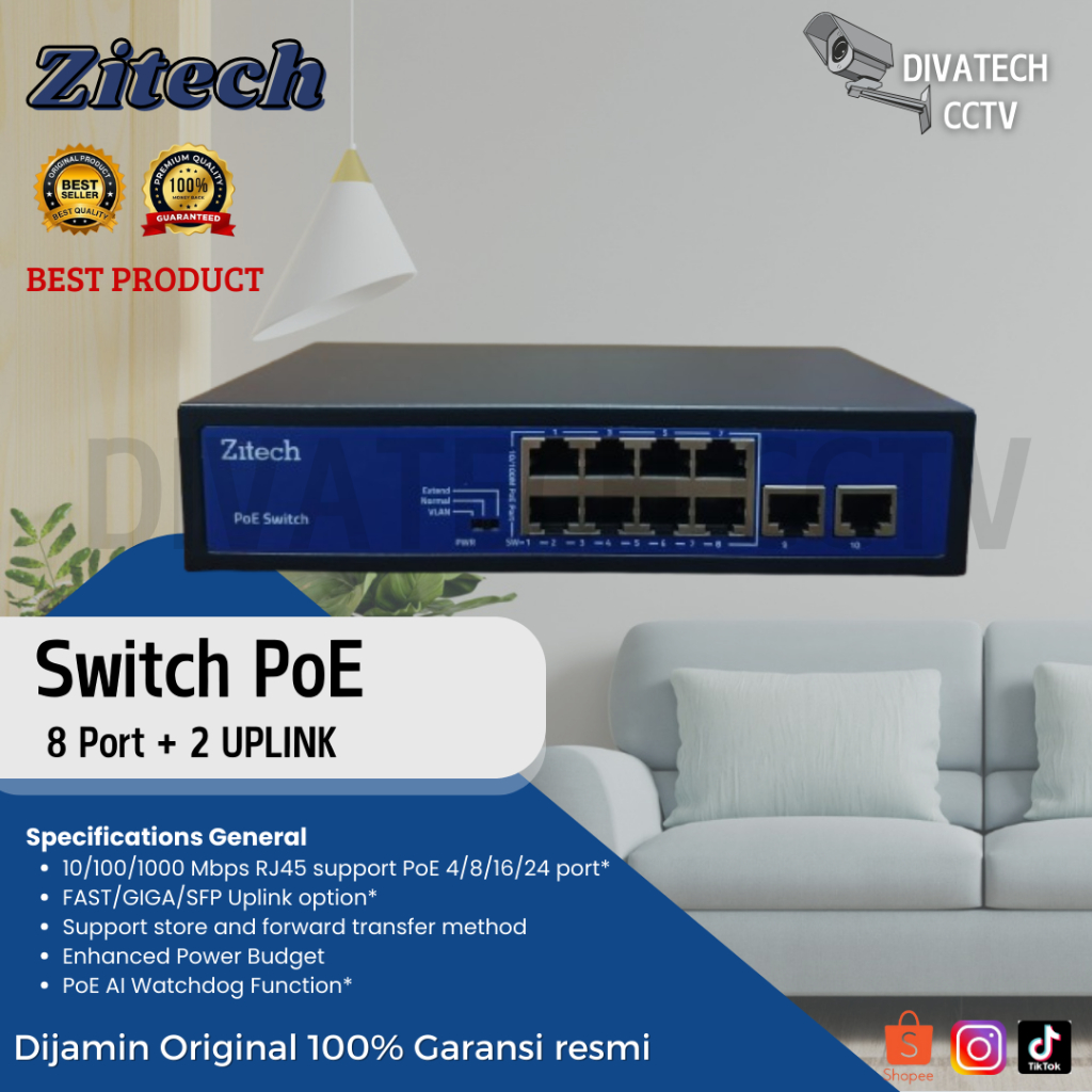 Jual SWITCH POE ZITECH 8 PORT + 2 UPLINK \ AI SMART POE 10\100MBPS BEST FOR IP CAM | Shopee ...