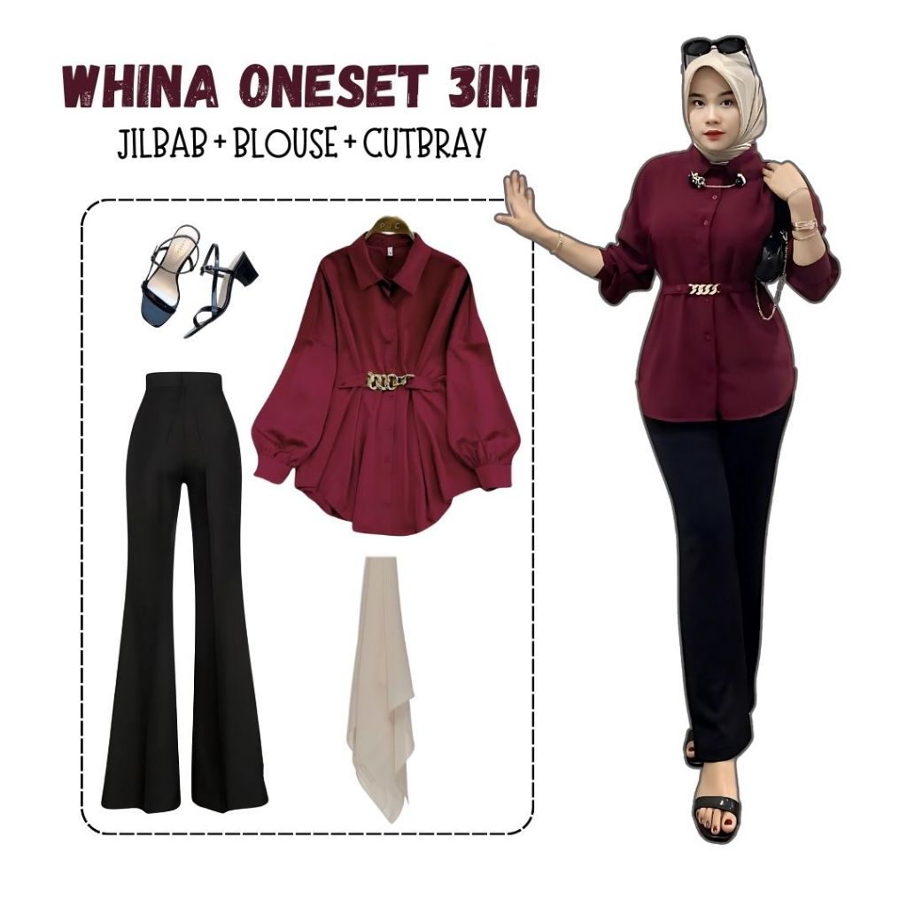 Jual One set oneset 3in1 baju kemeja blouse belt rantai celana cutbray hitam jilbab bella | ootd ...