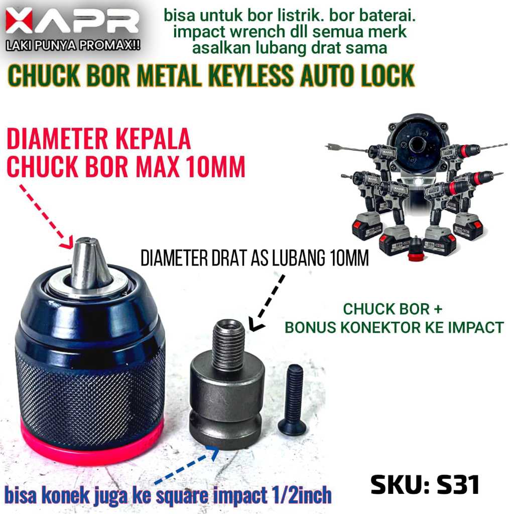 Jual Apr 10mm & 13mm Kepala bor keyless metal auto lock single untuk ...