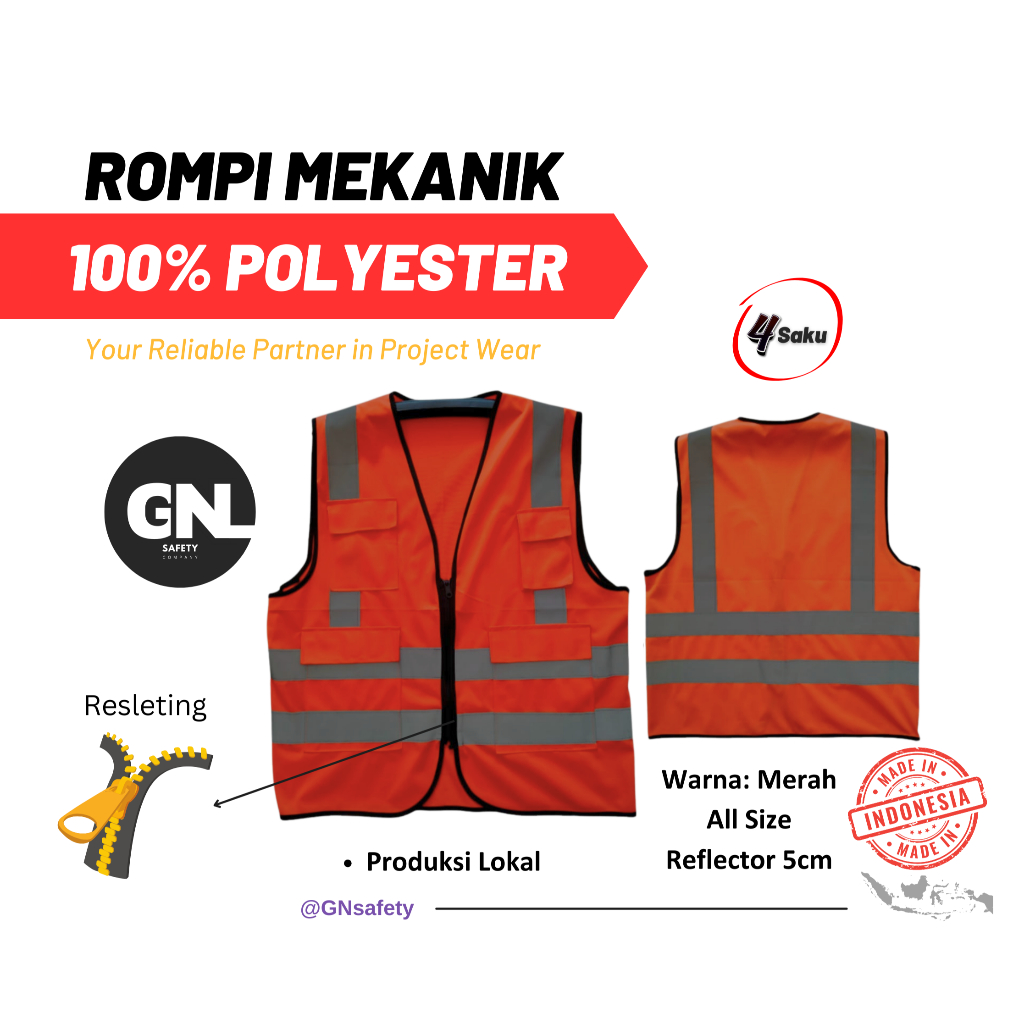 Jual Rompi Mekanik Zipper 4 Reflector 4 Saku Produksi Lokal | Shopee ...