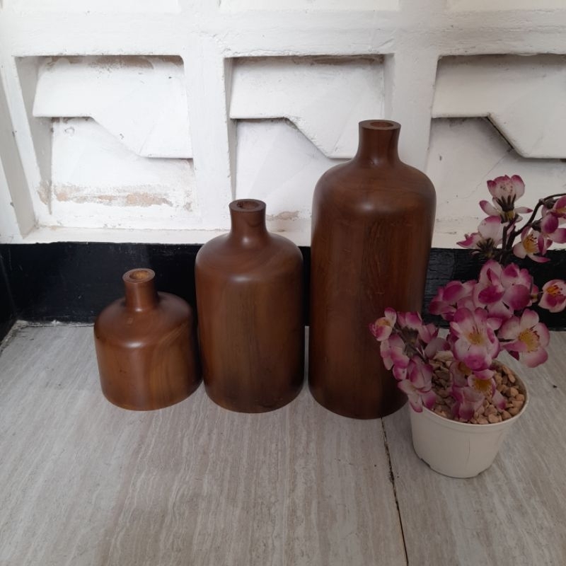 Jual 1 set ( isi 3 ) Vas bunga model botol kayu jati | Shopee Indonesia