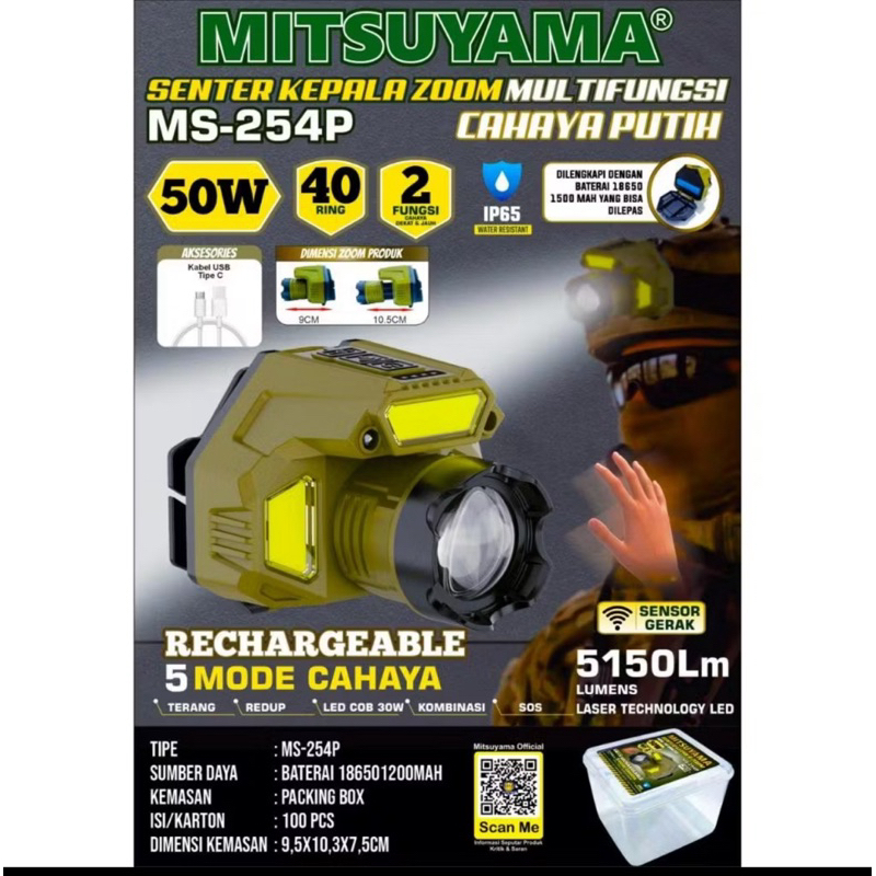 Jual Mitsuyama Senter Kepala Zoom MS-254P Rechargeable 5 Mode Cahaya 50W | Shopee Indonesia