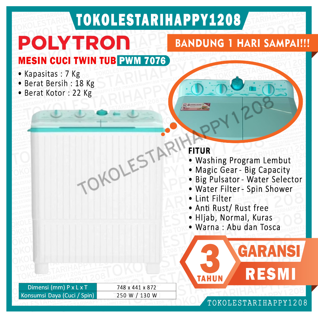 Jual mesin cuci polytron 7kg pwm 7076 hijab mode murah garansi resmi ...