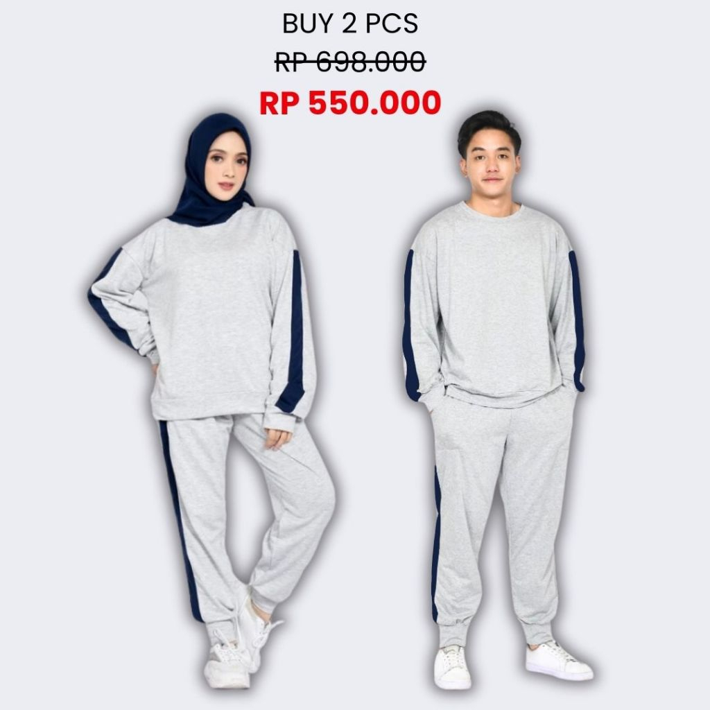 Jual Setelan Olahraga Baju Celana Sporty Couple Pasangan Abu Lis Navy ...