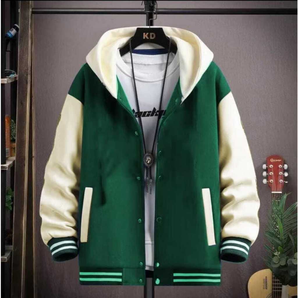 Jual Jaket Varsity Baseball Hijau Cream Polos - Jaket Hoodie Varsity ...