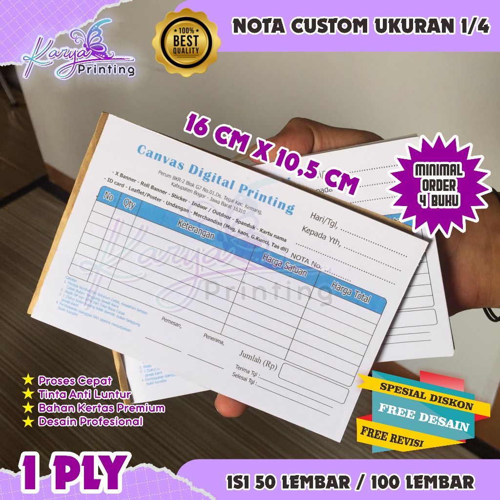 Jual cetak nota custom 1 ply ukuran 1/4 nota custom satuan free desain ...