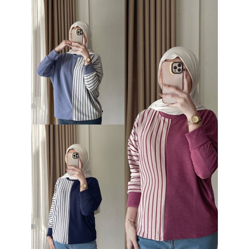Jual Sweater Batwing Atasan Knit Salur korean Style Polos Mix Salur ...