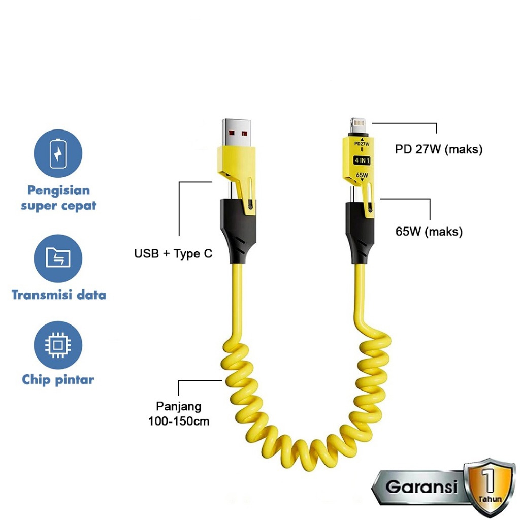Jual Kabel Data Spring 4in1 type C 65W + PD 27W Multiple Charging Fast Charging for Type C, iOS ...
