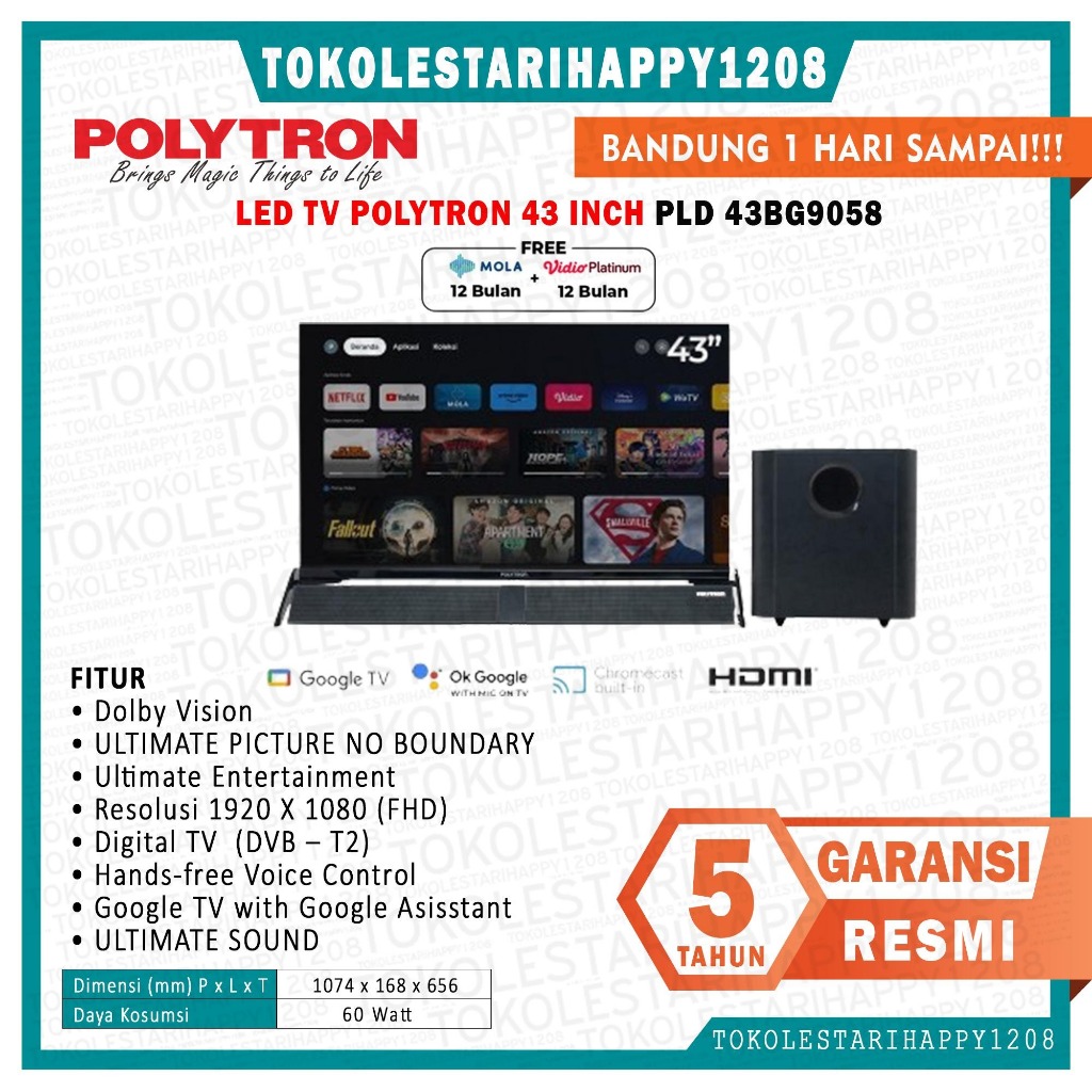 Jual LED TV Polytron 43 Inch Smart Android TV Cinemax Soundbar PLD 43BG9058 | Shopee Indonesia