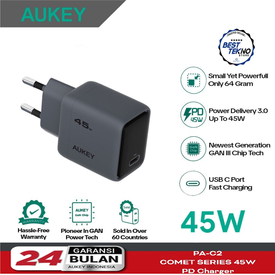 Jual Charger Handphone AUKEY PA-C2 Adaptor USB Type C 45W Gan Super ...