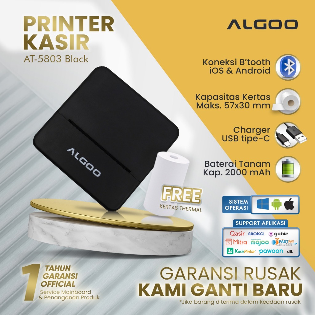 Jual ALGOO AT-5803 Mini Printer Thermal Struk Nota Bluetooth | Shopee ...