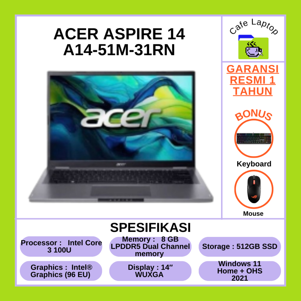 Jual Acer Aspire 14 A14-51M-31RN Intel Core 3-100U 8GB 512GB SSD 14 ...