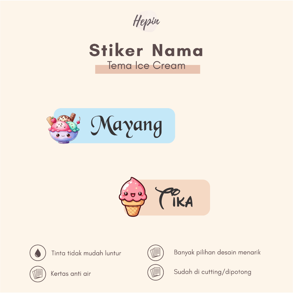Jual (90 - 120 pcs) Stiker Cutting nama ICE CREAM / Stiker Nama Anak ...