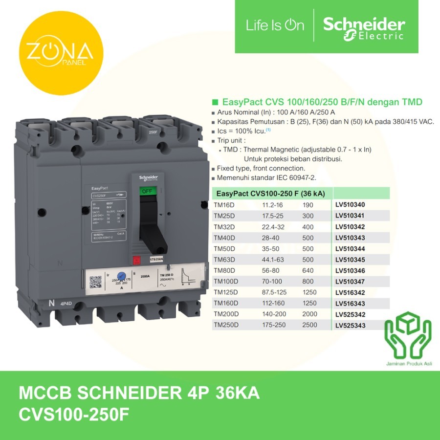 Jual MCCB SCHNEIDER EASYPACT CVS100F 4P 80A 25KA TMD TM80D LV510346 | Shopee Indonesia