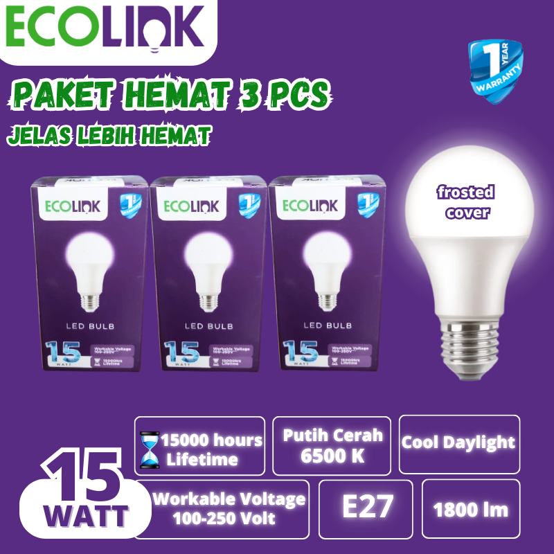 Jual Ecolink Lampu Bohlam LED Bulb 15W Putih Cool Day Light Paket 3pcs ...
