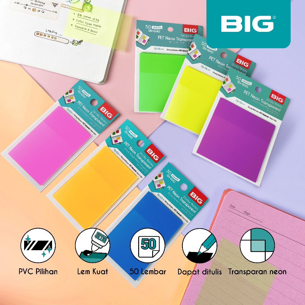 Jual BIG Sticky Notes PET Warna Warni Neon Fluorescent Transparan/ Note ...