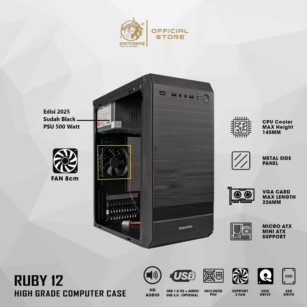 Jual Imperion Ruby12 PC Case M-ATX include Black PSU 500 Watt + Rear Black Fan | Shopee Indonesia