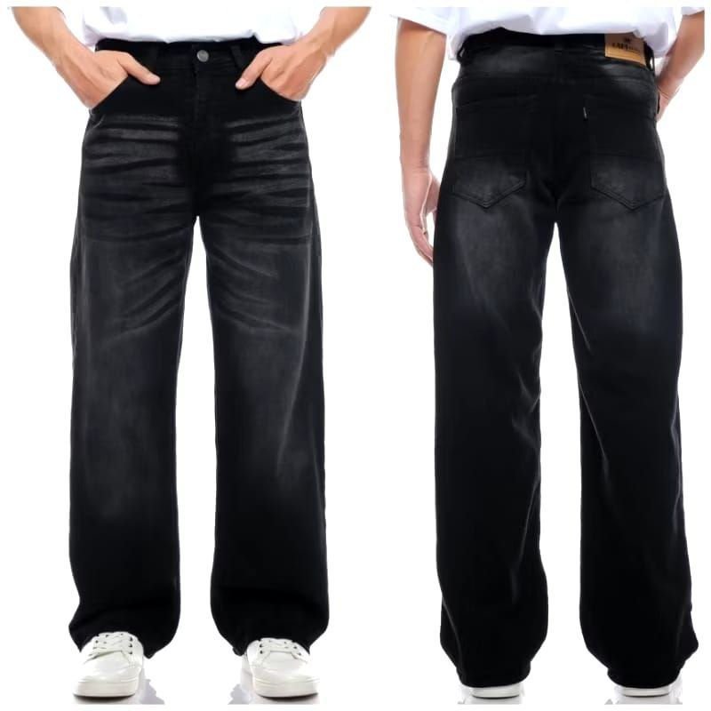 Jual Celana Jeans Loose Fit Gombrong Wide Legg Denim Hitam Wisker ...