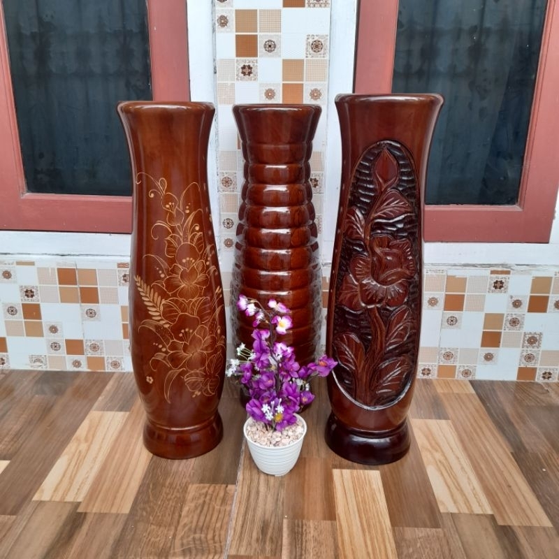 Jual Guci Vas bunga lantai kayu jati ukuran 57 cm | Shopee Indonesia