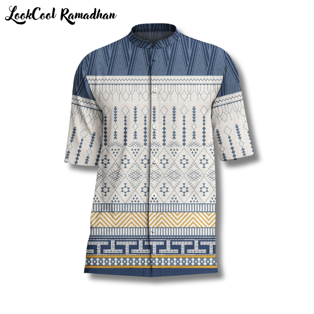 Jual LOOKCOOL Koko Ramadhan Biru Putih Pattern Kemeja Printing Pria ...