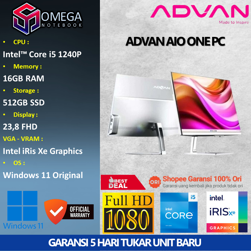 Jual ADVAN PC AIO ONE PC i5 1240P 16GB 512GB iRis Xe 23,8" FHD Windows ...
