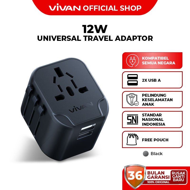 Jual VIVAN Travel Adaptor 12W Dual USB A Multi-country Power Adapter ...