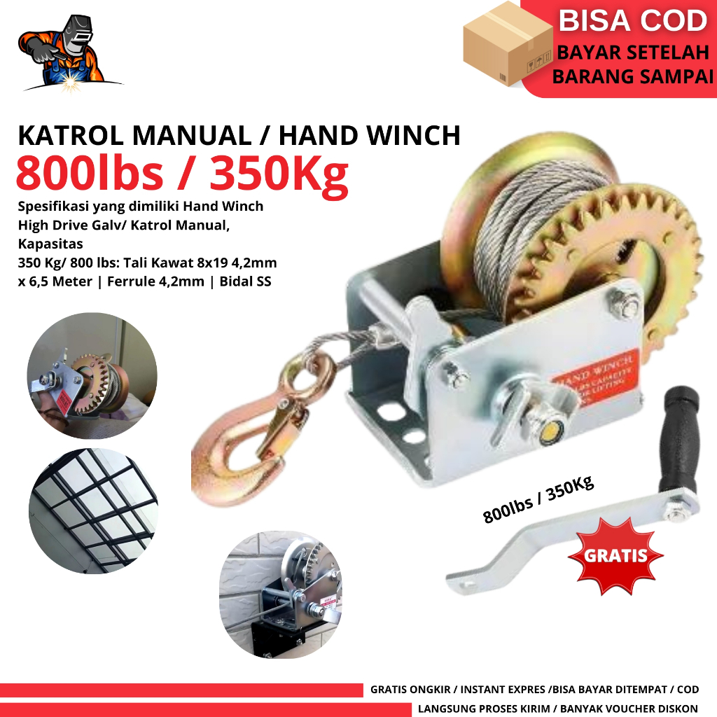 Jual Hand Winch / Katrol Manual 800lbs / 350Kg x 6.5 M GLV komplit ...