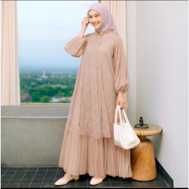 Jual Gamis Brokat Tulle Elegan Hijab Muslimah Kekinian | Dress Kondangan Wanita Modern | Baju ...