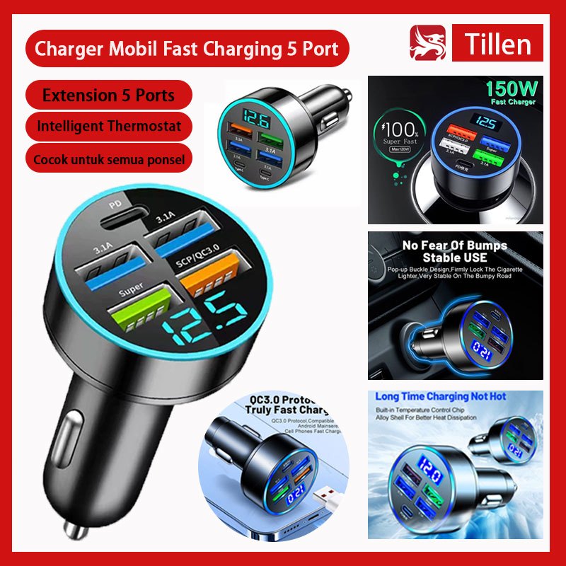 Jual Charger Mobil 5 Port 66W - Fast Charging 4USB + QC3.0, LED Display ...