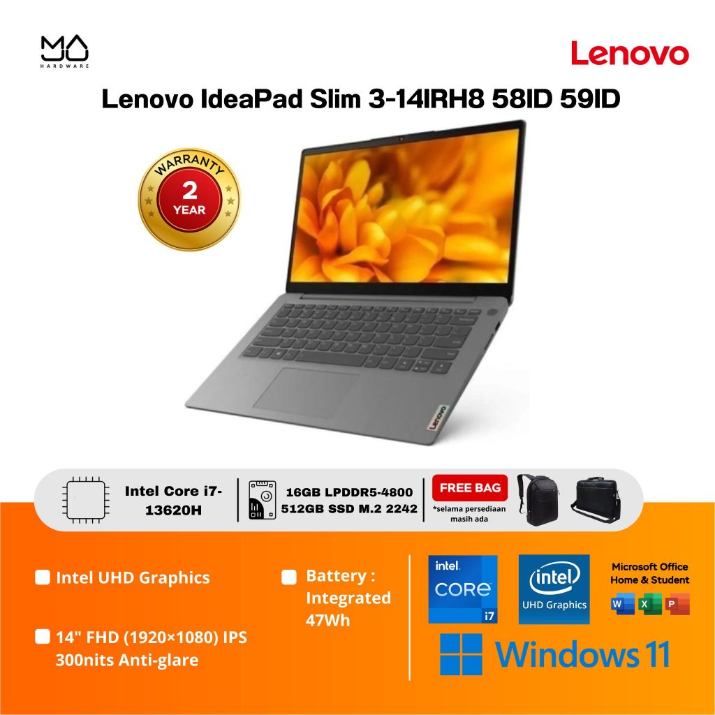 Jual Laptop Lenovo IdeaPad Slim 3 14IRH8 Intel Core i7-13620H 16GB SSD 512GB | Shopee Indonesia