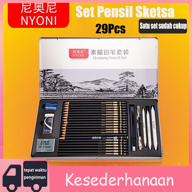 Jual Nyoni Drawing Pencil Gambar Set 29pcs Metal Tin Box Pensil Gambar ...