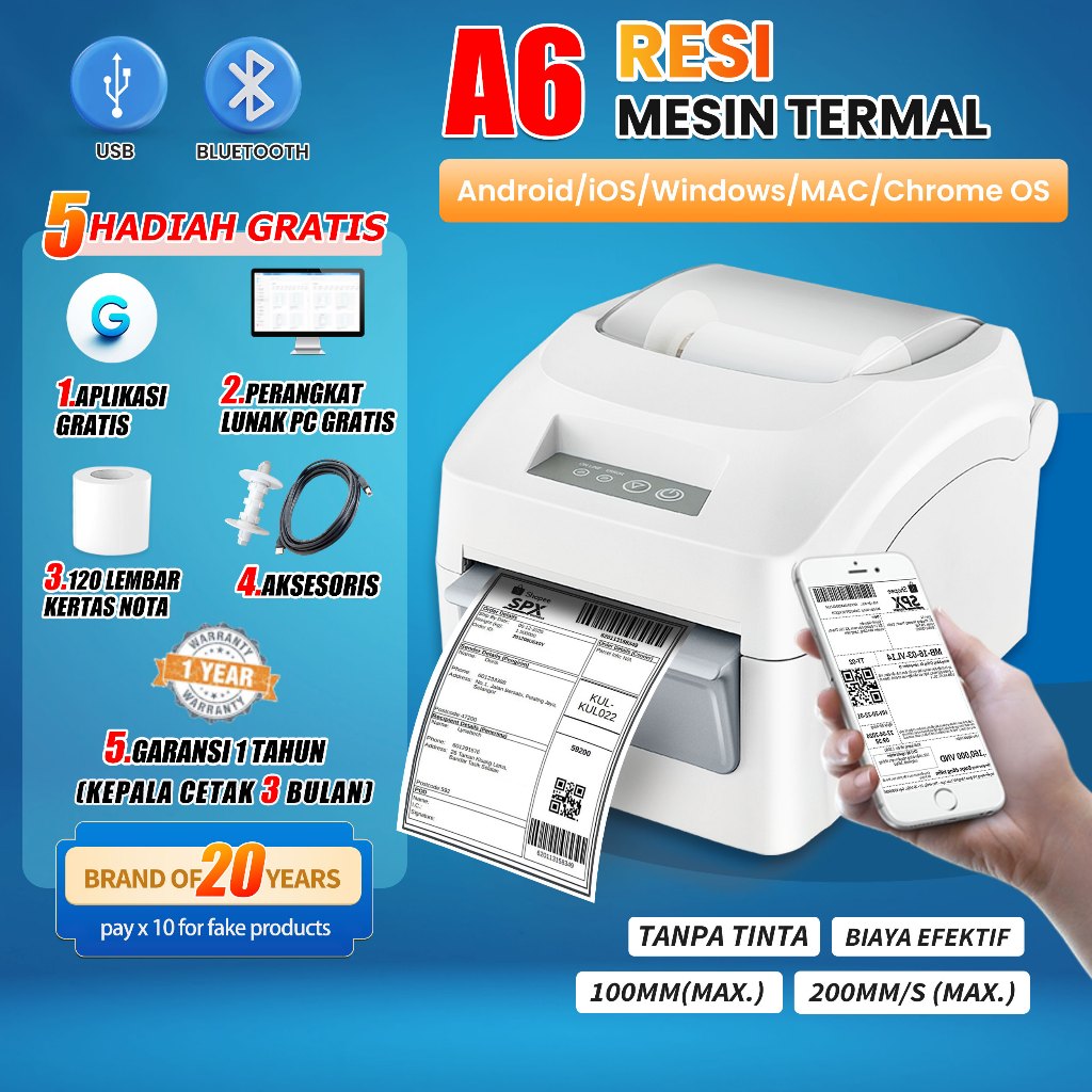 Jual Thermal Waybill Printer Barcode Printer USB+Bluetooth 4 & 3 Inch ...