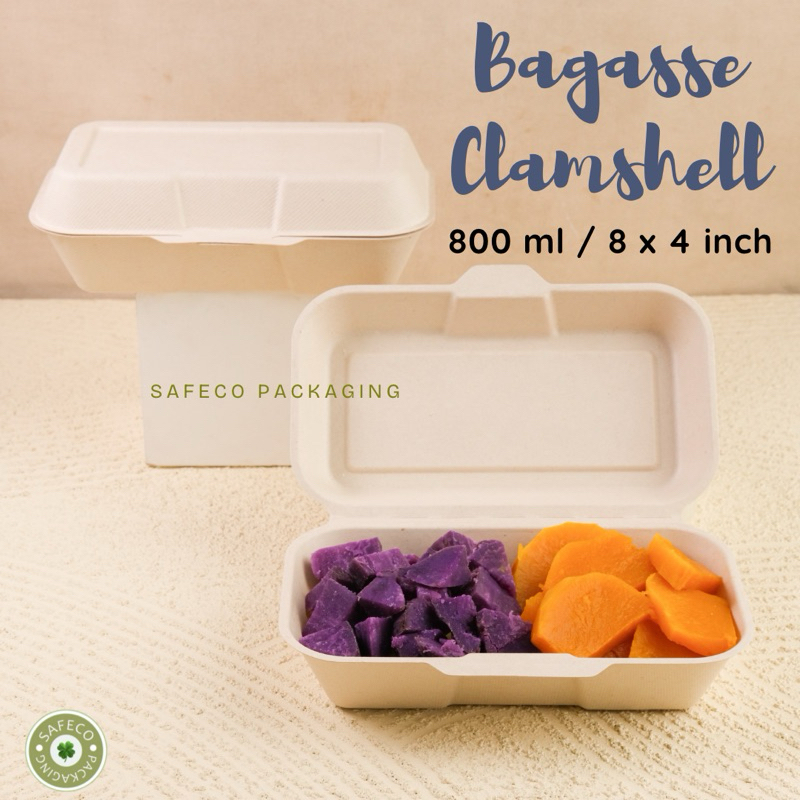 Jual Bagasse Clamshell 800 ML Food Lunch Box 8 x 4 inch Packaging Kotak ...