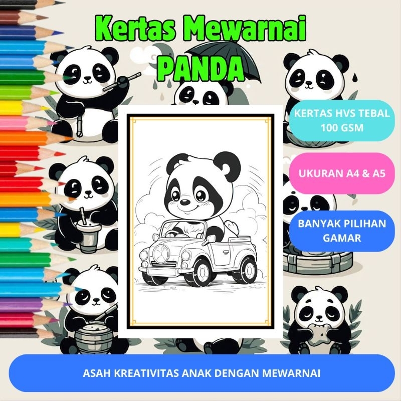 Jual TEMA PANDA - KERTAS GAMBAR MEWARNAI ANAK - UKURAN A4 & A5 KERTAS TEBAL HVS 100 GSM ...