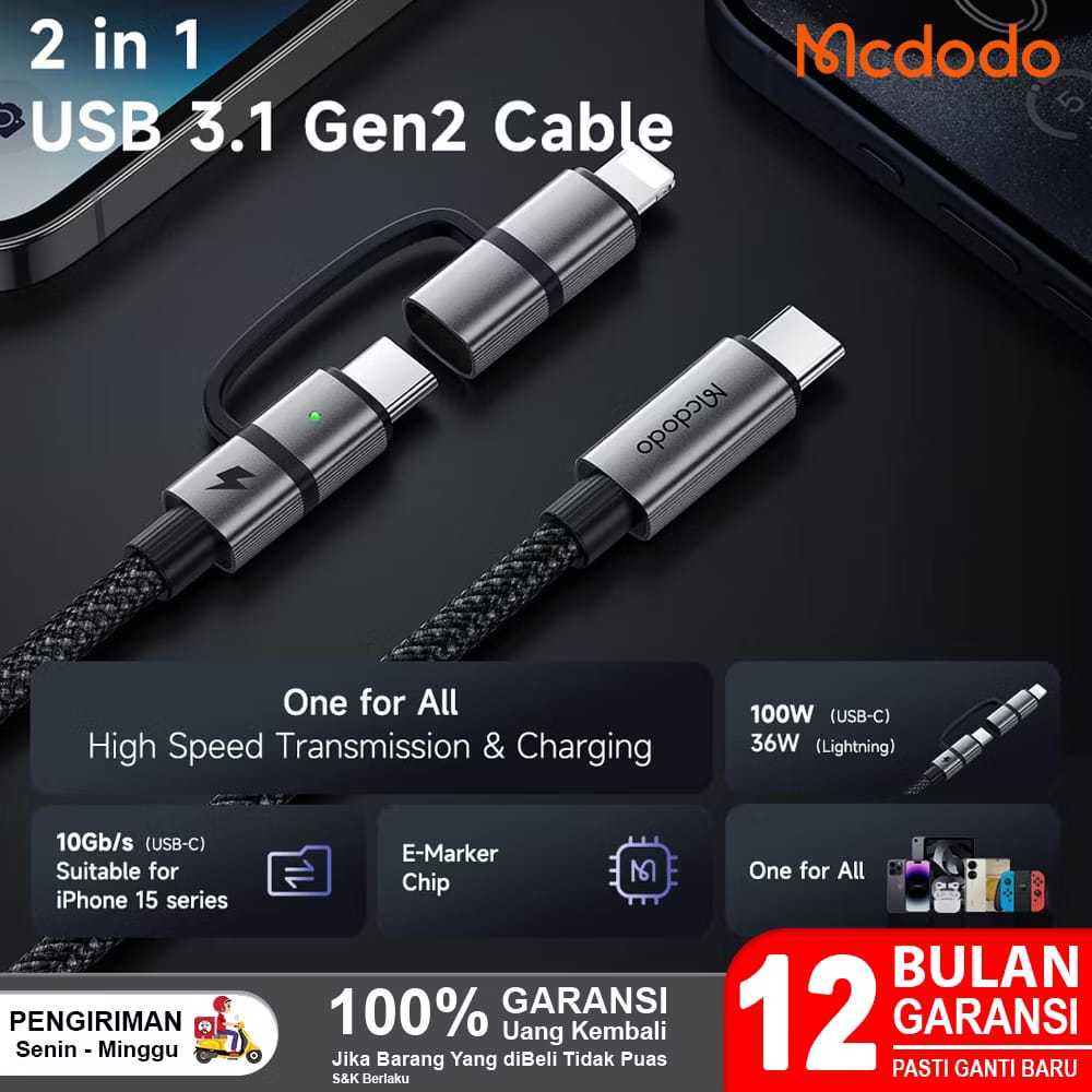 Jual MCDODO Kabel Data USB 3.1 Type C to Type C + Lightning iPhone 2 in 1 Fast PD 100w HD Video ...