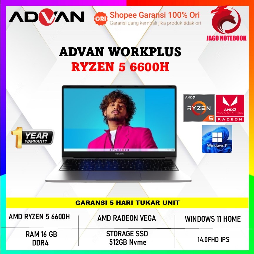 Jual ADVAN WORKPLUS RYZEN 5 6600H 16GB 512GB W11 14.0FHD IPS GRY ...