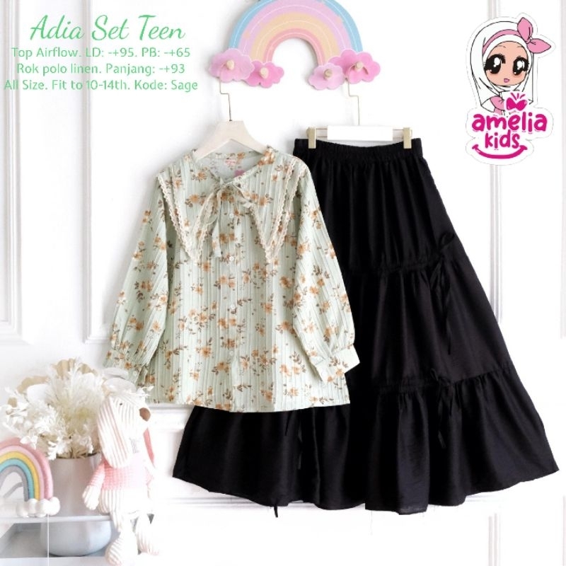 Jual adia set teen ORI Amelia kids top air flow rok polo linen | Shopee ...