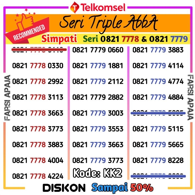 Jual KARTU PERDANA NOMOR CANTIK TELKOMSEL SIMPATI EDISI SERI ABAB, AABB & TRIPLE MURAH ...