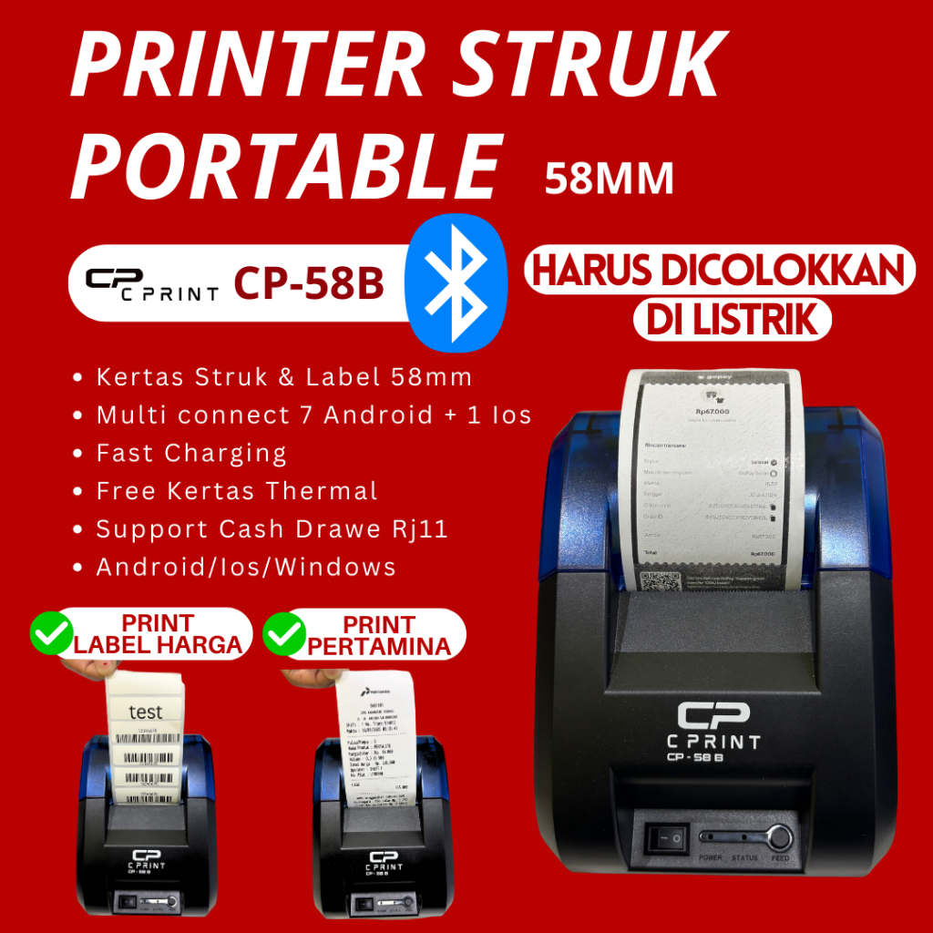 Jual [ COD ] PRINTER BLUETOOTH THERMAL 58MM CP-58B POS KASIR-PPOB SUPPORT RJ11 POS CASH DRAWER ...