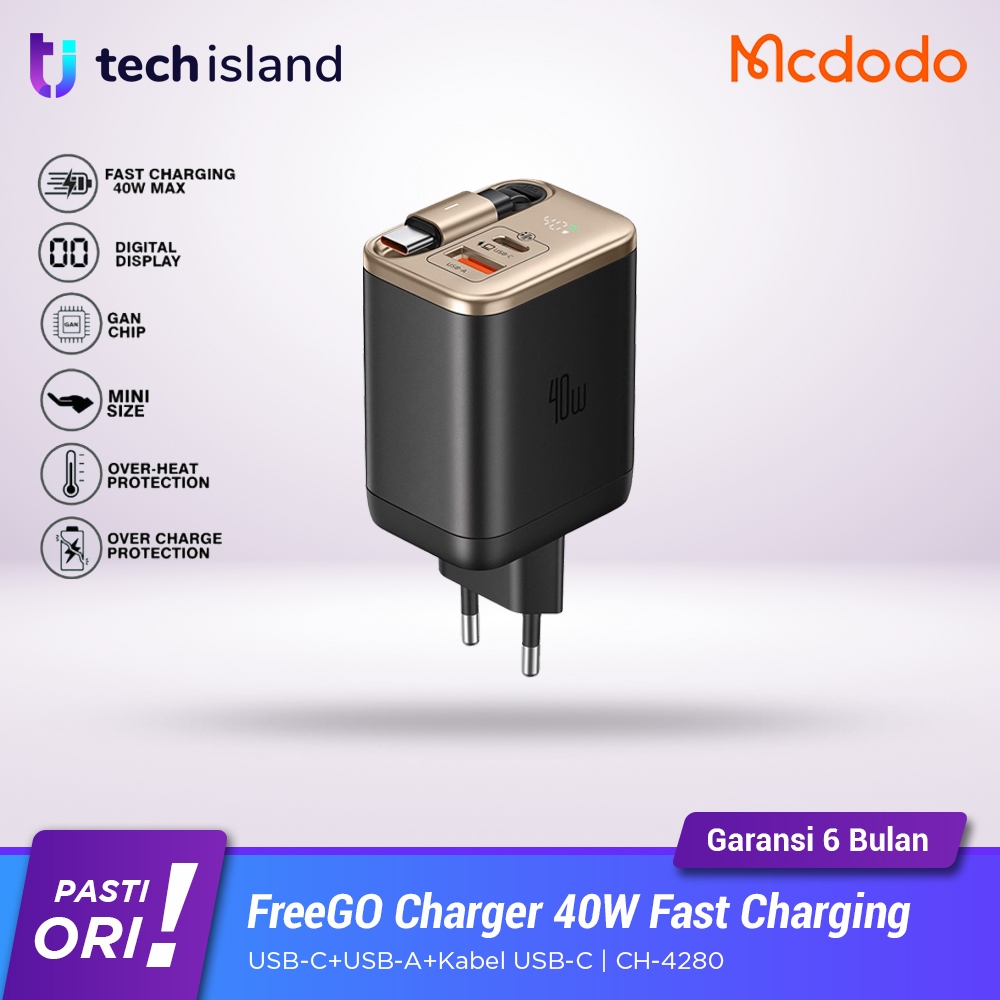 Jual Mcdodo FreeGO Adaptor 40W USB-C+USB-A+Built In Retractable USB-C Cable Fast Charging ...